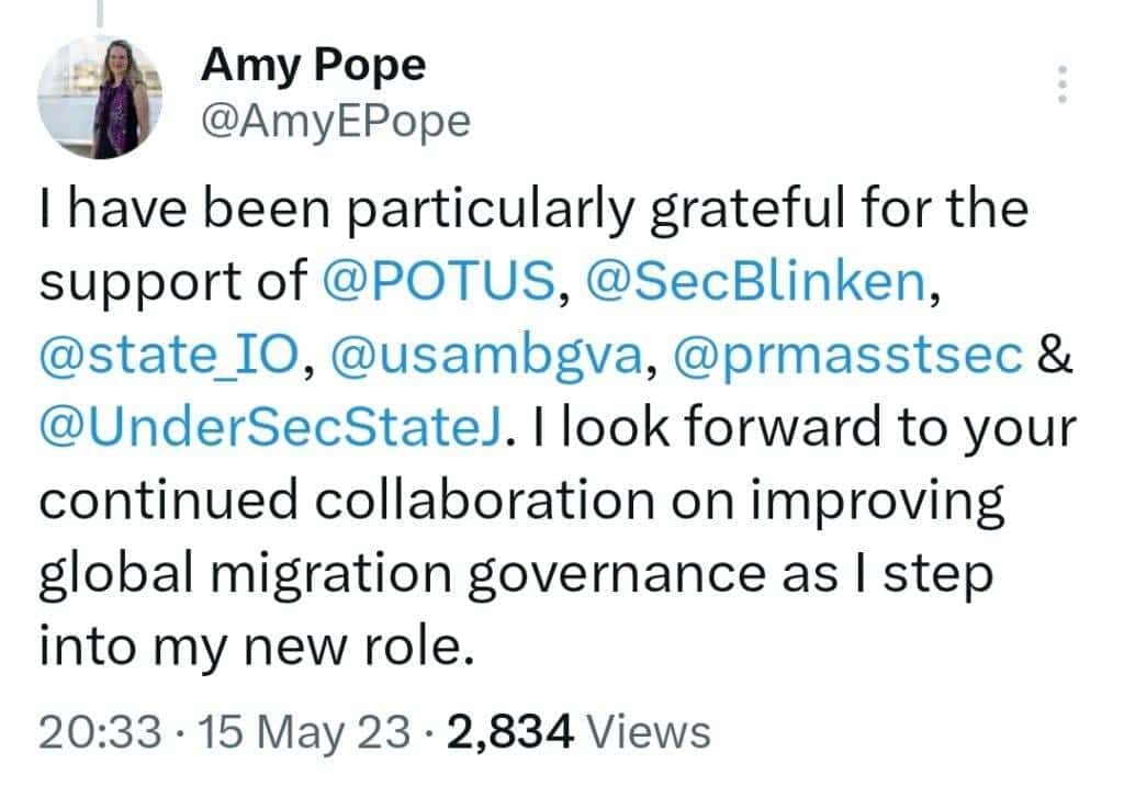 Amy E Pope: New Director General Of IOM-UN Migration!